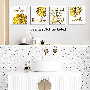 LHIUEM Gold and White Bathroom Pictures Wall Art Decor,Abstract Flowers Gold Foil Print,Set of 4 Soak Relax Unwind Quote and Saying Yellow Art Print for Bathroom Toilet Decor (8 X 10, UNframed)
