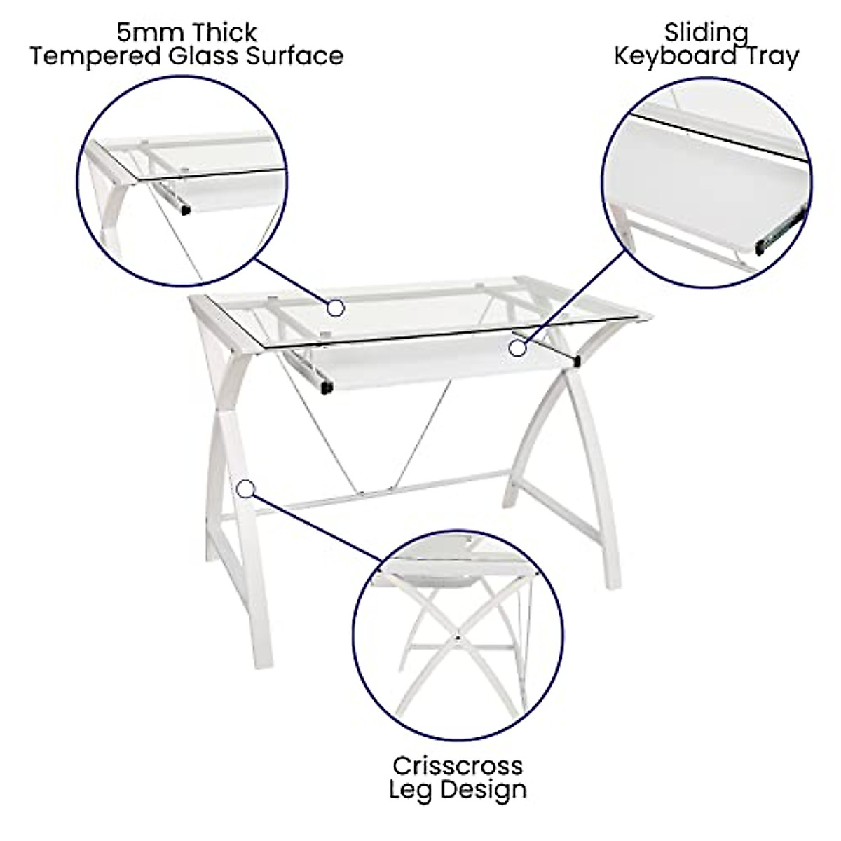 Flash Furniture Clear Tempered Glass Computer Desk with White Pull-Out Keyboard Tray and White Crisscross Frame