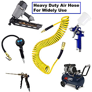 YOTOO Polyurethane Recoil Air Hose 1/4" Inner Diameter by 25' Long with Bend Restrictor, 1/4" Industrial Quick Coupler and Plug, Yellow