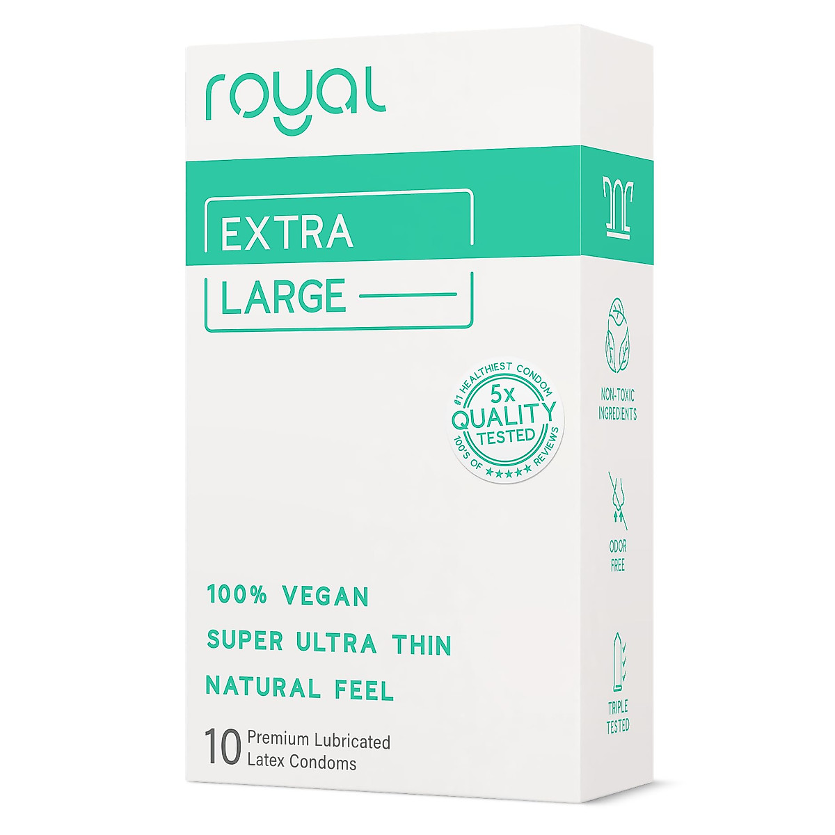 Royal Extra Large Ultra Thin Vegan Condoms for Men - Premium Lubricated Natural Condom - Unflavored Lubricant, Organic Latex - Odorless, Snug, Natural Feel - Safe & Durable - 10 Pack