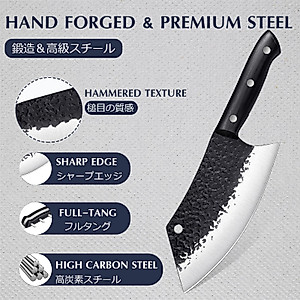 Huusk Hand Forged Meat Cleaver - 8" Sharp Butcher Knife, Full Tang Chef Knife with Sheath, Japanese Heavy Duty Meat Cutting Knife for Kitchen Outdoor BBQ Camping, Gift for Father
