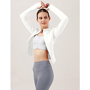 Gacaky Women's Slim Fit Lightweight Athletic Full Zip Stretchy Workout Running Track Jacket with Thumb Holes White M