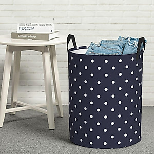 Large Laundry Hamper Bag, Collapsible Laundry Basket Navy Blue Polka Dot Dirty Clothes Storage Washing Bin for Bathroom, Dorm Essentials