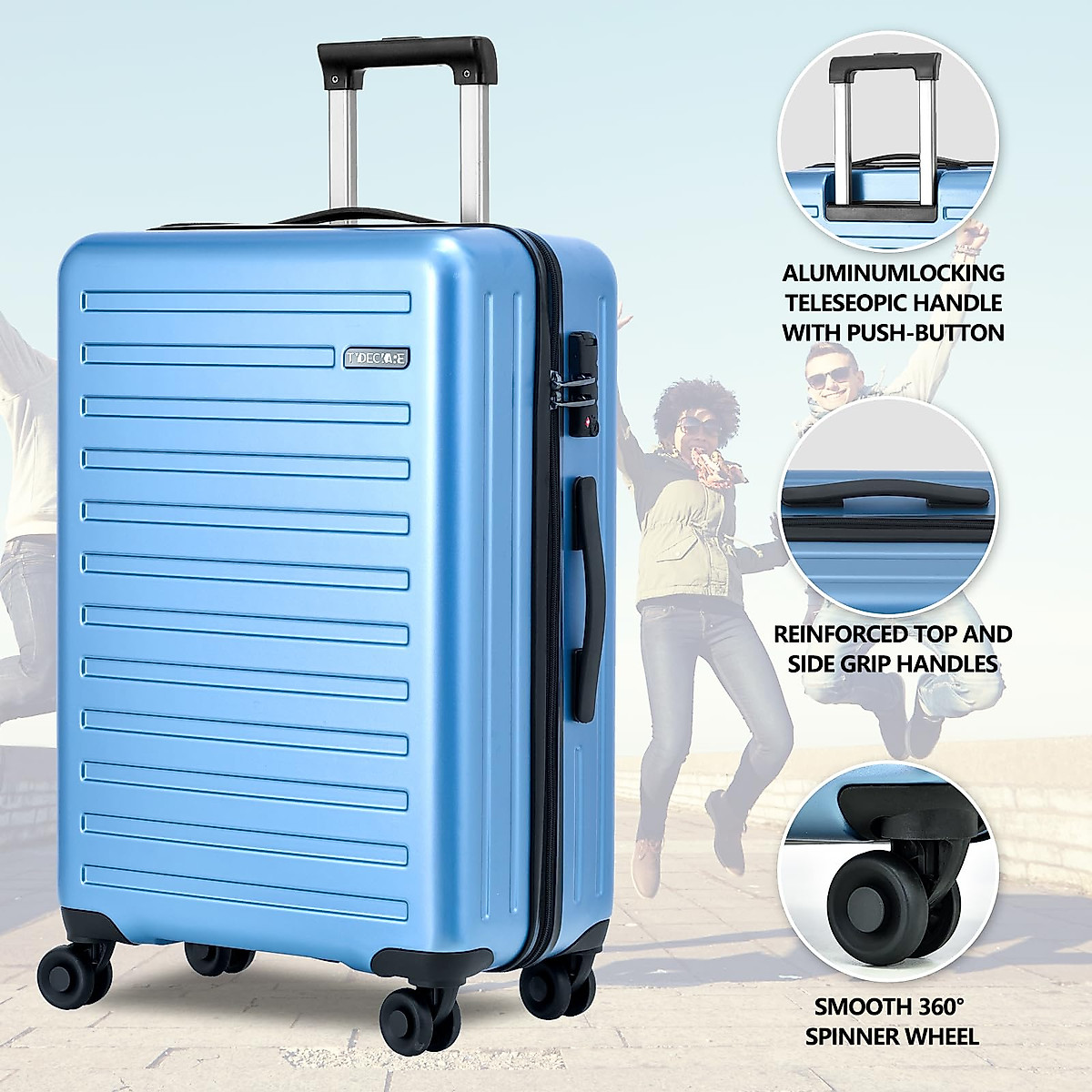 TydeCkare 2pcs 20/28" Luggage Set Lightweight HardShell, Only 20 Inch Carry On 21.65 * 15.35 * 7.87" Cabin Suitcase with Front Pocket, 28 Inch 19.68 * 11.81 * 29.92" Checked Luggage, Blue