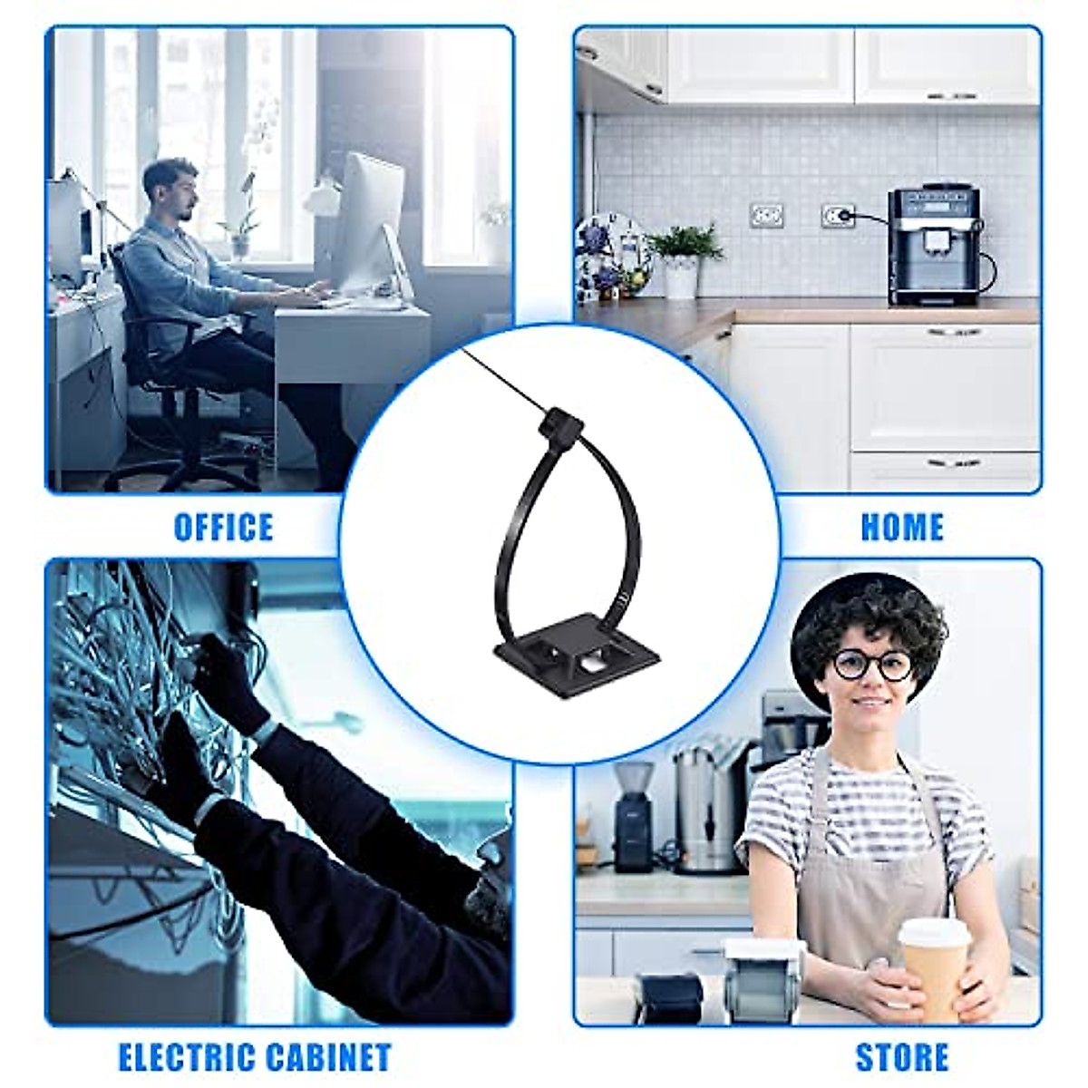 4/5" 100 Pack Zip Tie Mount With Cable Ties,Self Adhesive-backed Mounts For Wire Holder , Black Cable Management Clips Wall Anchors