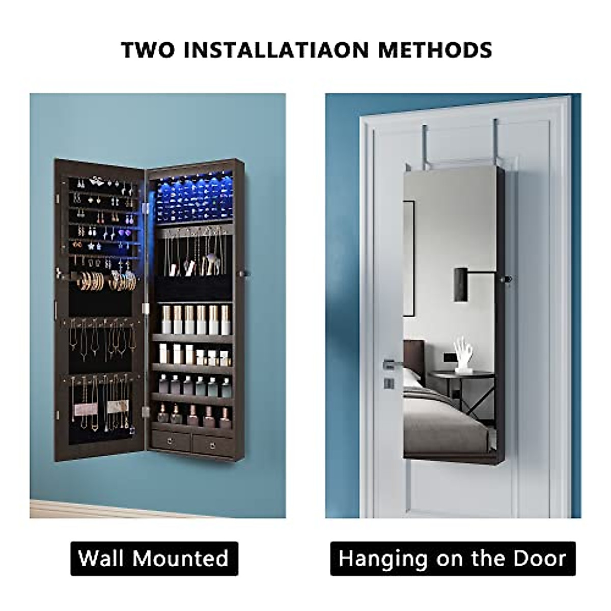 HNEBC Jewelry Organizer with 6 LED Lights, Jewelry Armoire with Mirror, Full Length Mirror Jewelry Cabinet with Jewelry Storage, Wall Mounted/Door Mounted (brown)