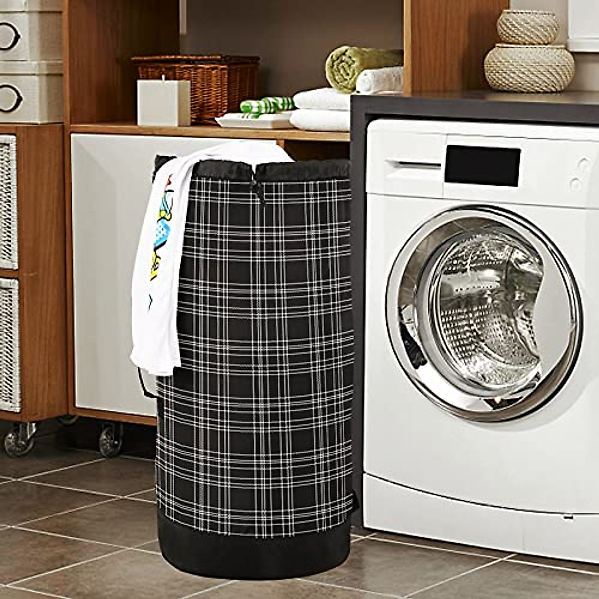 Black Check Plaid Laundry Backback Large Heavy Duty Laundry Bag with Adjustable Shoulder Straps Laundry backpack for Traveling Dirty Clothes Organizer for College Students Waterproof