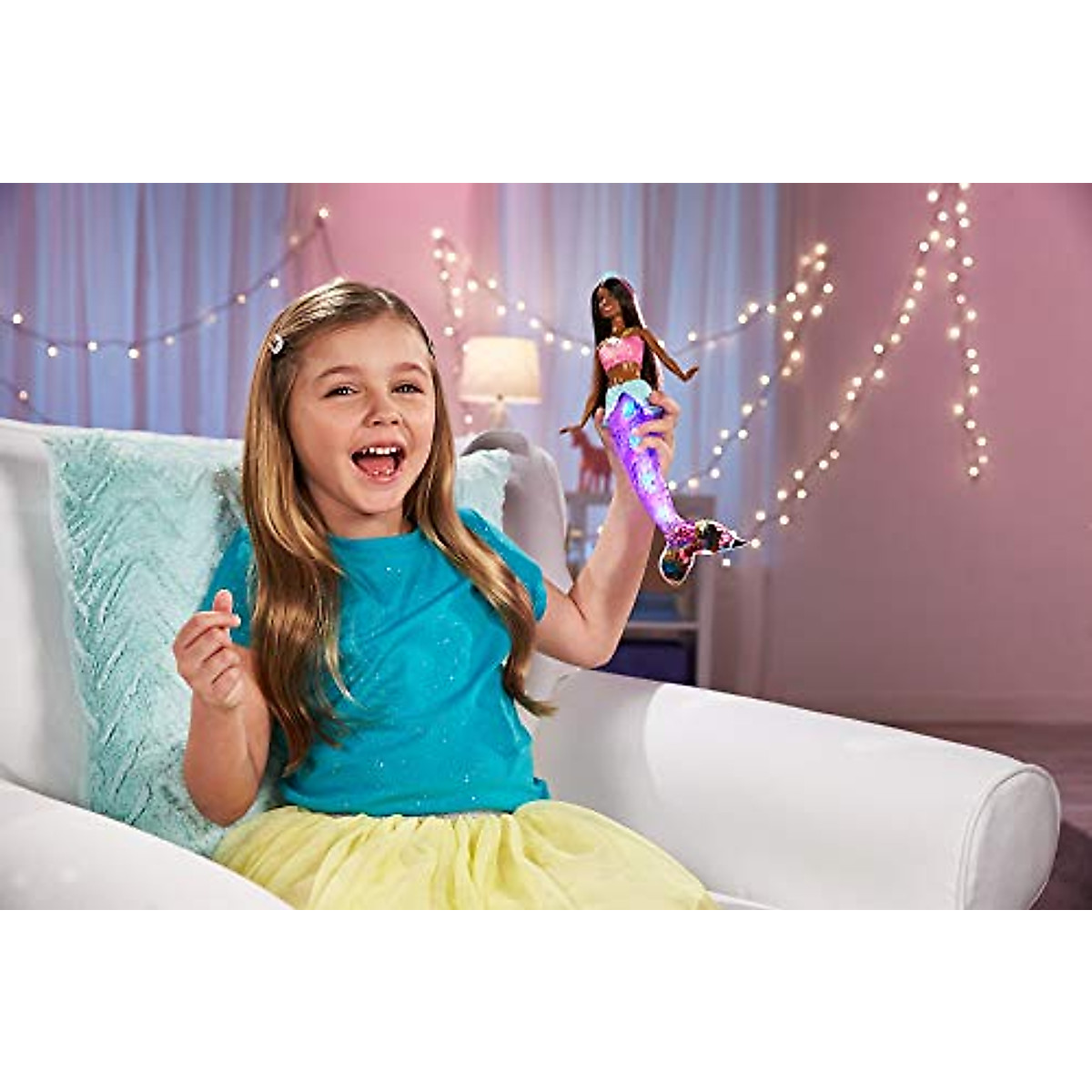 Barbie Dreamtopia Sparkle Lights Mermaid Doll with Swimming Motion and Underwater Light Shows, Approx 12-inch with Pink-Streaked Brunette Hair, Gift for 3 to 7 Year Olds