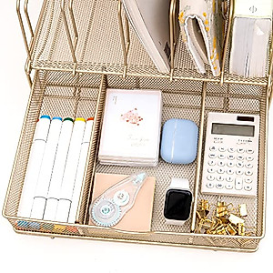 ARCOBIS Gold Desk File Organizer for Women, Desk Organizers and Accessories with Pen Holder & Sliding Drawer & Vertical File Folder Sorters, Cute Desktop File Holder for Office Supplies