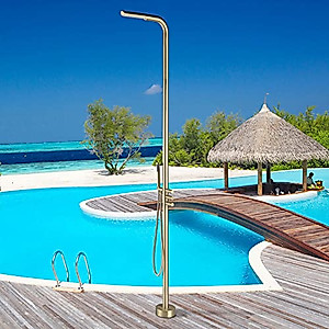 RBROHANT Outdoor Shower Brass Outside Shower Kit for Backyard Garden Pool Beach, Freestanding Outdoor Shower Fixtures with Overhead Shower Head and Hand Shower, Floor Mounted, Brushed Gold, RB0090