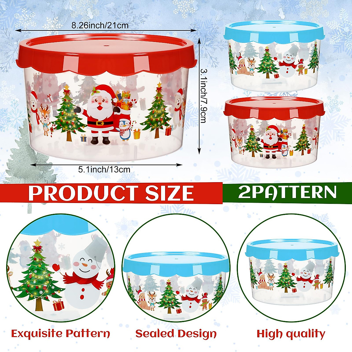 Sliner 6 Pcs Christmas Cookie Containers Holiday Plastic Cookie Storage Buckets with Lids Santa Claus Snowman Cookie Containers Red and Blue Reusable box for Holiday Candy Snacks