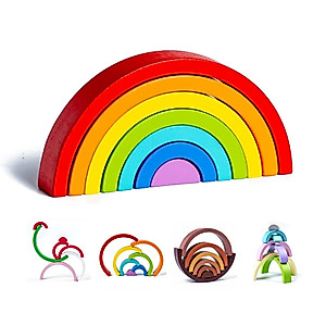 ESLETO Wooden Rainbow Stacker Nesting Puzzle Toy, Creative Color Stacking Nesting Puzzle Blocks, Educational Montessori Toy Set for Kids Boy Toddlers (Rainbow)
