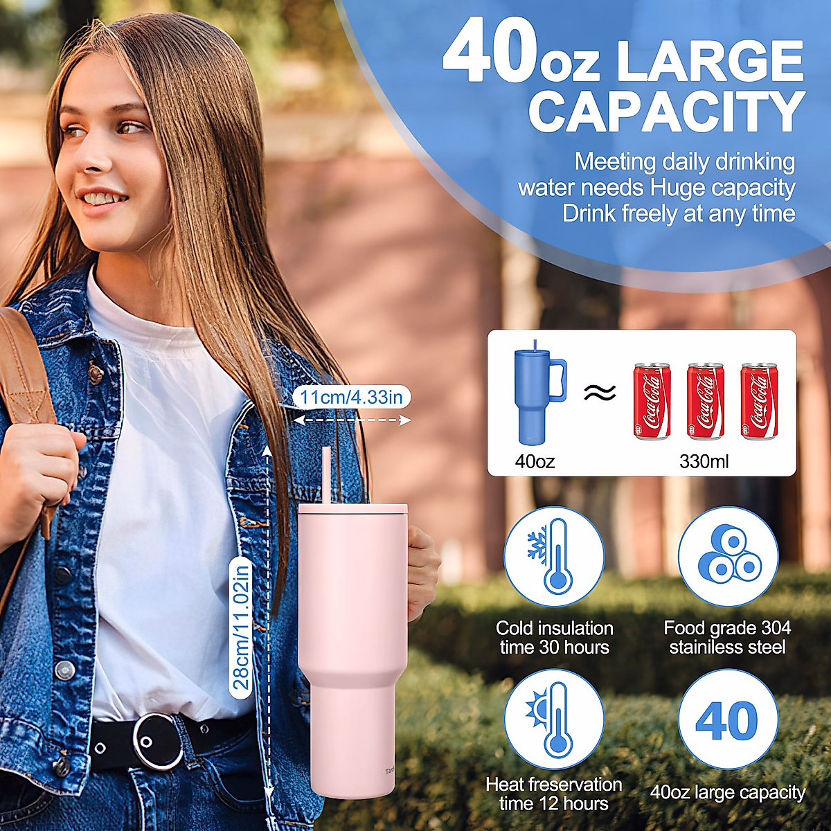 40 oz Tumbler with Handle, Leakproof Insulated Tumbler with Lid and Straw, Stainless Steel Travel Coffee Mug Cup, Car Cup Holder Friendly, Keep Cold for 30 Hours,Gifts for Women & Men, Light Pink