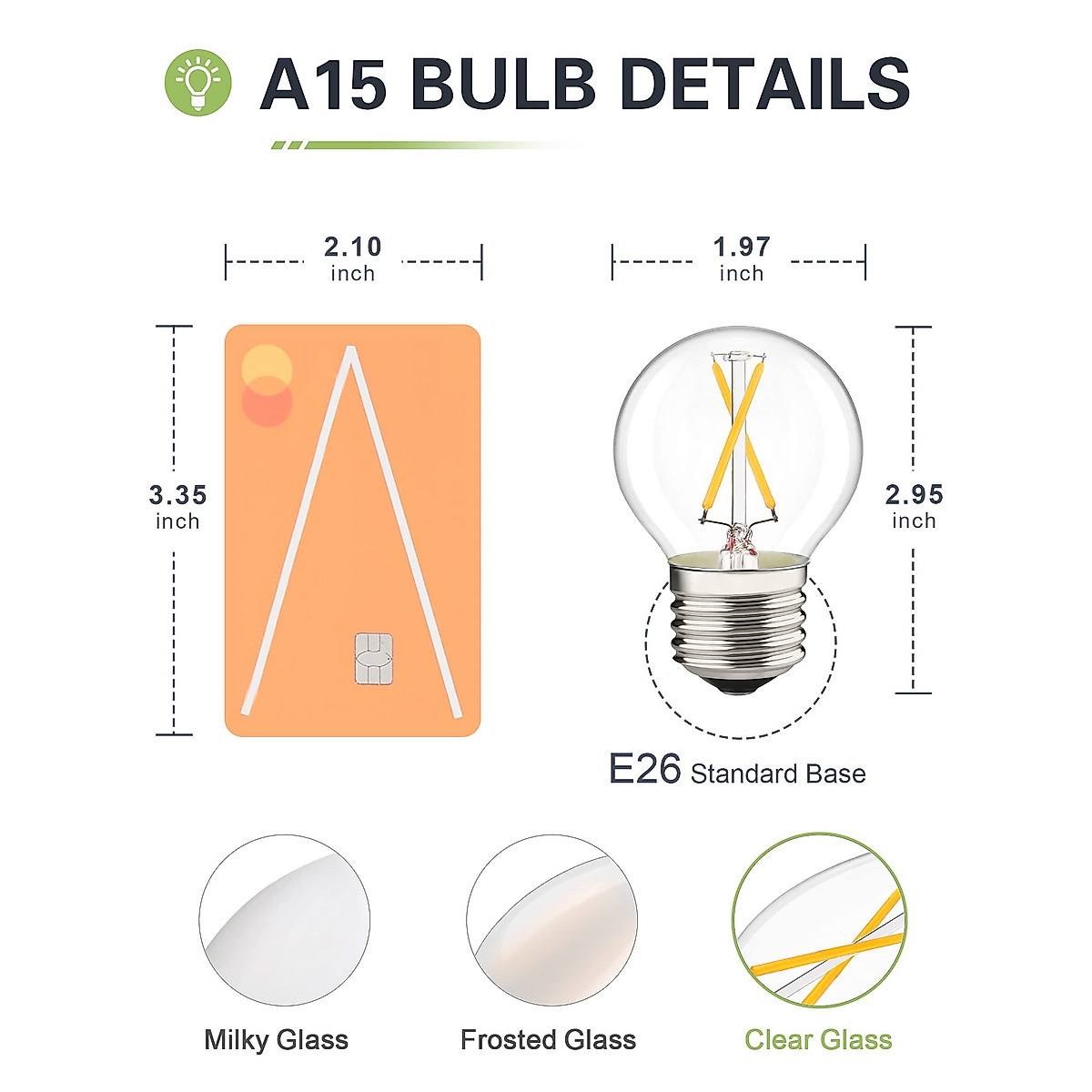 A15 E26 LED Light Bulb, 2 Watt 3000K Soft White, Dimmable Globe Edison Filament Bulbs 25W Equivalent, 200 Lumens Clear Glass (3 Pack)
