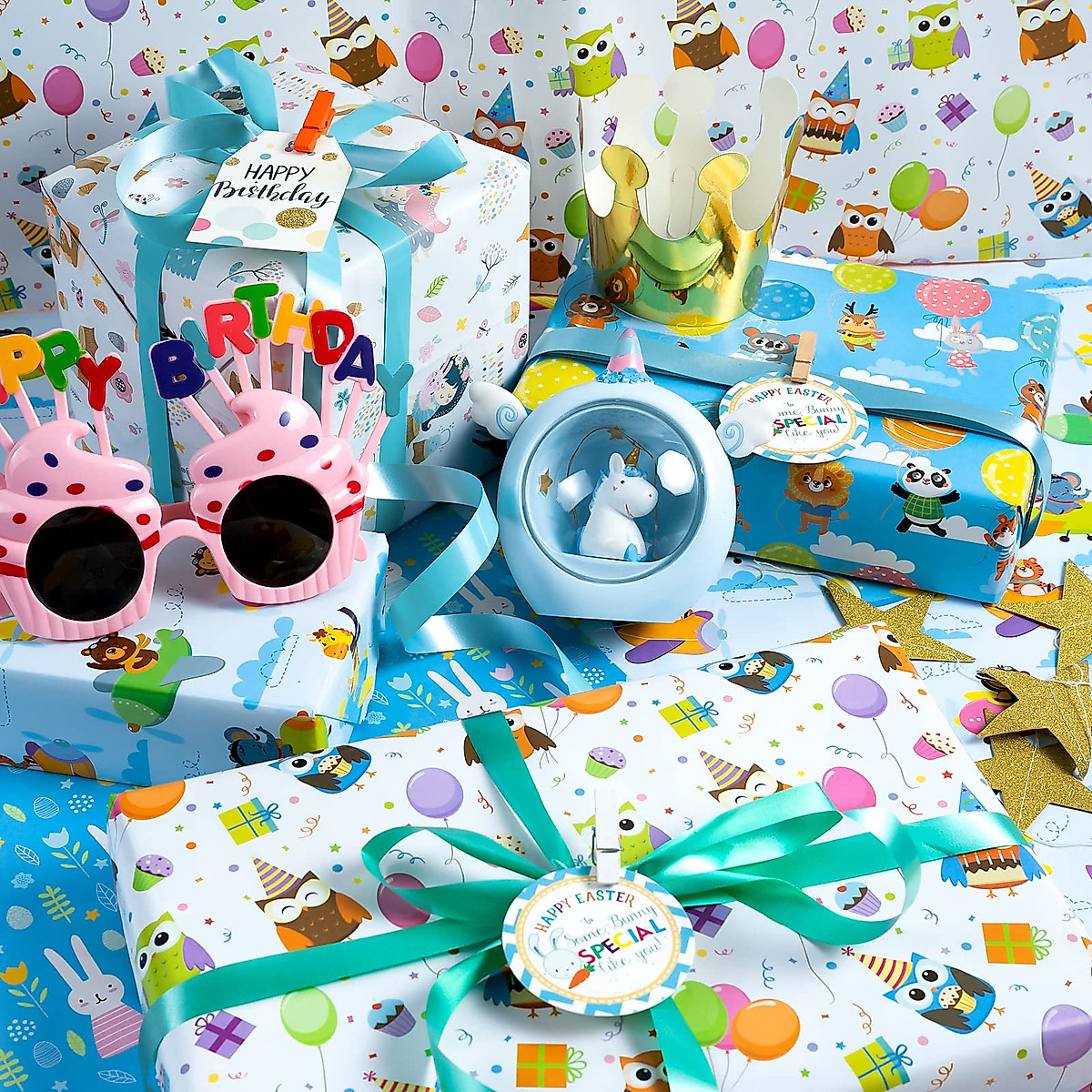 LeZakaa Birthday Wrapping Paper Sheet - 12 Sheet with 6 Different Animal Design for Kids, Boys, Girls -27.5 x 19.6 inches Per Sheet