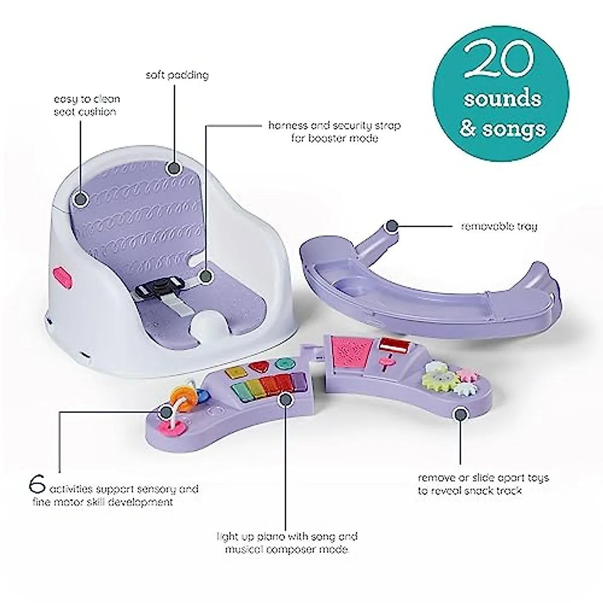 Infantino Music & Lights 3-in-1 Discovery Seat and Booster - Convertible Infant Activity and Feeding Seat with Electronic Piano for Sensory Exploration, for Babies and Toddlers, Lavender