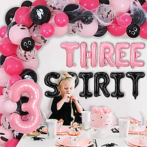 Halloween 3rd Birthday Party Decorations - Three Spirit Black Hot Pink Balloon Garland Kit with Spider Cotton, Number 3 Ghost Bat Foil Balloon Spider 3D Sticker for 3rd Birthday Halloween Decorations