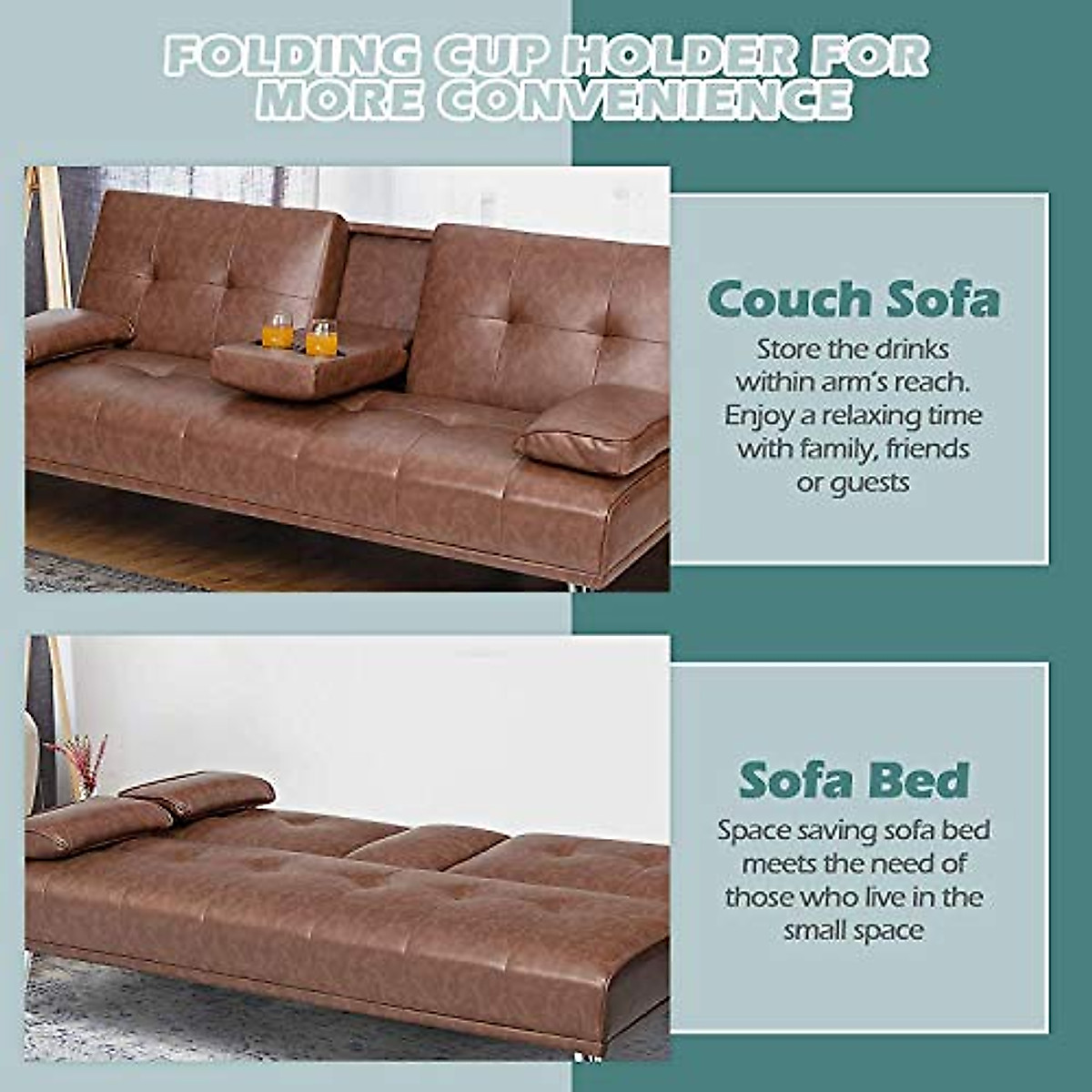 ARLIME Convertible Futon Sofa Bed, Faux Leather Sofa Sleeper W/Adjustable Backrest, Folding Cup Holder, Removable Armrests, Steel Leg, Modern Style Sofa Bed for Livingroom, Office, Apartment (Brown)