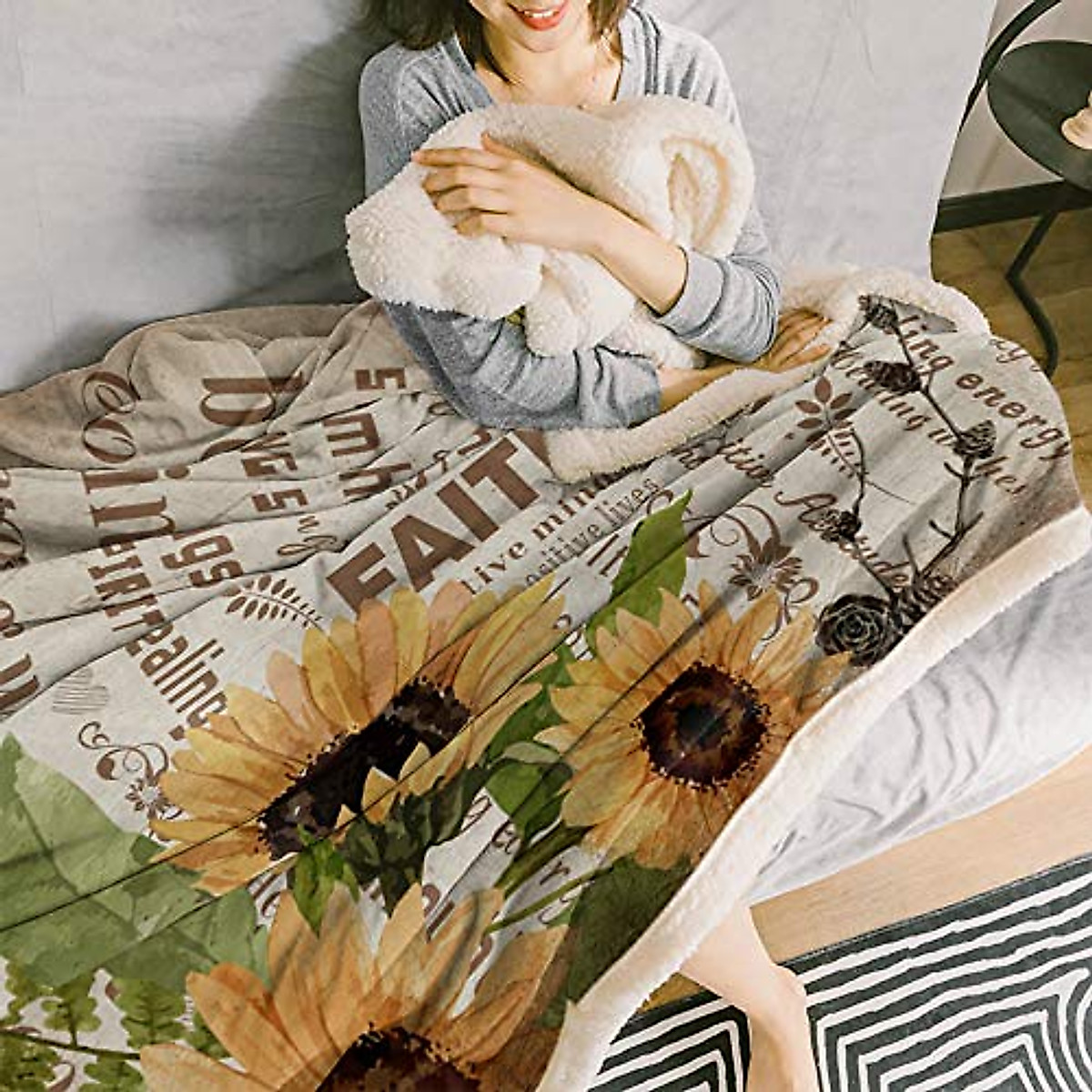 LBDOMOV Warm Hugs Positive Healing Throw Blanket, Sherpa Microfiber Comfort Caring Gift Throw - Sunflower Get Well Soon Gift for Women Men Patient Older Parent 39" x 49"