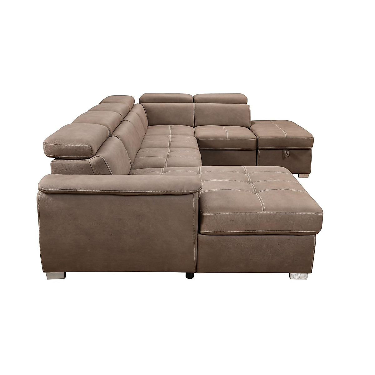THSUPER 127'' Microfiber Oversized U-Shaped Sectional Sleeper Sofa Couch with Pullout Bed, 7 Seats Couch with Adjustable Headrests, Sofa with Storage Chaise and Ottoman for Living Room. Light Brown