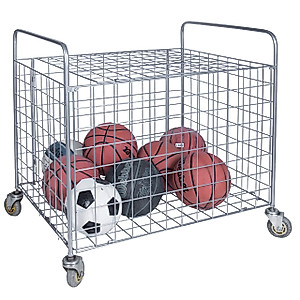 MyGift Professional Gym Chrome Silver Metal Multi Sports Ball Storage Cart with Jumbo Industrial Wheels, Commercial Grade Portable Equipment Locker Cage for Basketball, Football, Soccer, Volleyball