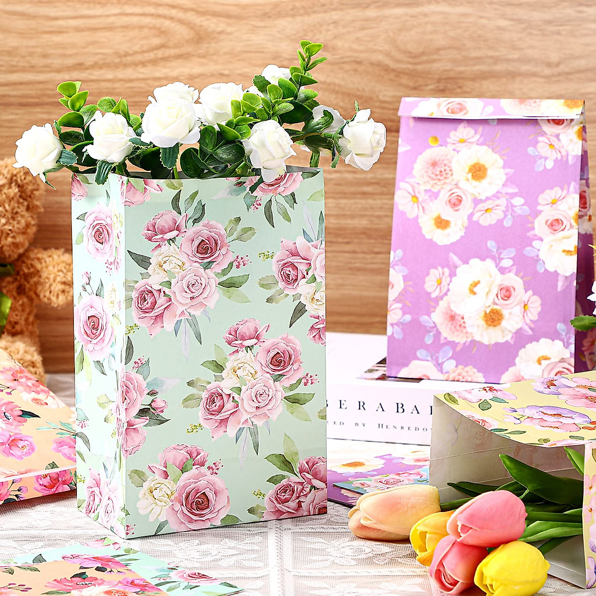 Panelee 24 Pcs Floral Paper Gift Bags Tea Party Bags Spring Goodie Bags Small Flower Candy Treat Bags for Wedding Bridal Baby Shower Birthday Mother's Day Decorations