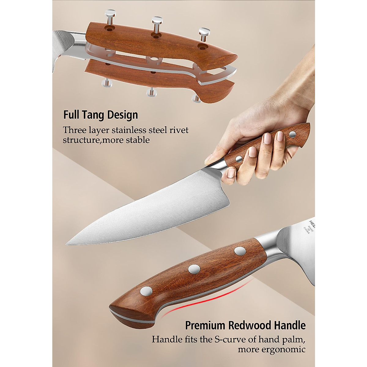 HEZHEN Pro Chefs Knives 8.3 Inch,High Carbon German 1.4116 Steel,Stainless Steel Rivets with Red Wood Handle，Razor Sharp,Super Edge,with Woodern Knife Sheath