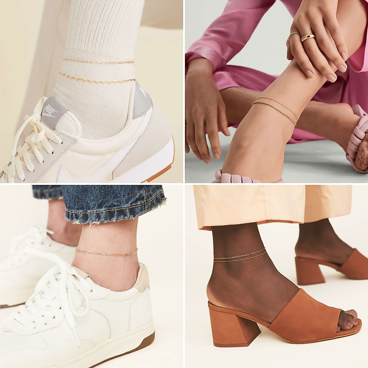 GMSOL Ankle Bracelets for Women 14k Gold Plated Waterproof Layered Cuban Figaro Link Chain Anklets Set Gold Herringbone Chain Anklets Jewelry Gift