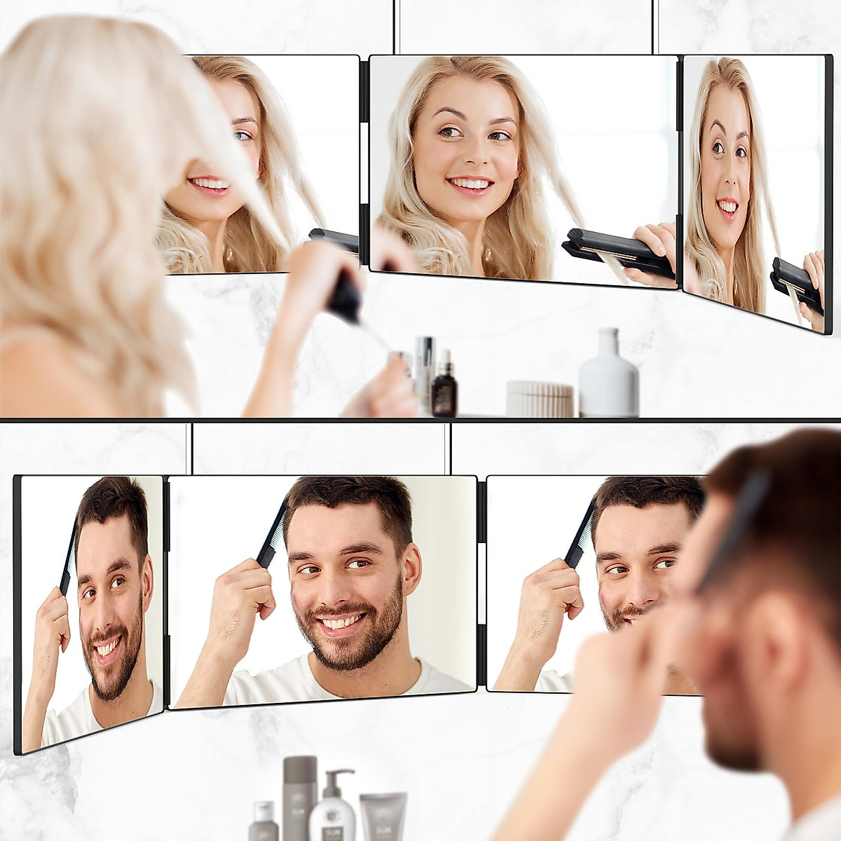 OLIBUY 3 Way Mirror for Hair Cutting, Tri-fold Mirror for Shaver and Makeup, Height Adjustable with Two Hold Nails Self Haircut Mirror can as a Gift for Men or Women