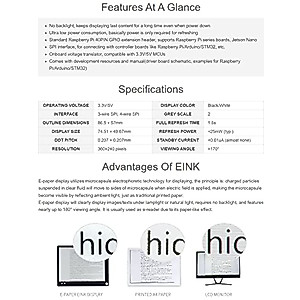 Waveshare 3.52inch E-Paper HAT Compatible with Raspberry Pi 4B/3B+/3B/2B/B+/A+/Zero/Zero W/WH/Zero 2W Supports Jetson Nano 360 × 240 Resolution SPI Interface Black/White Dual Colors