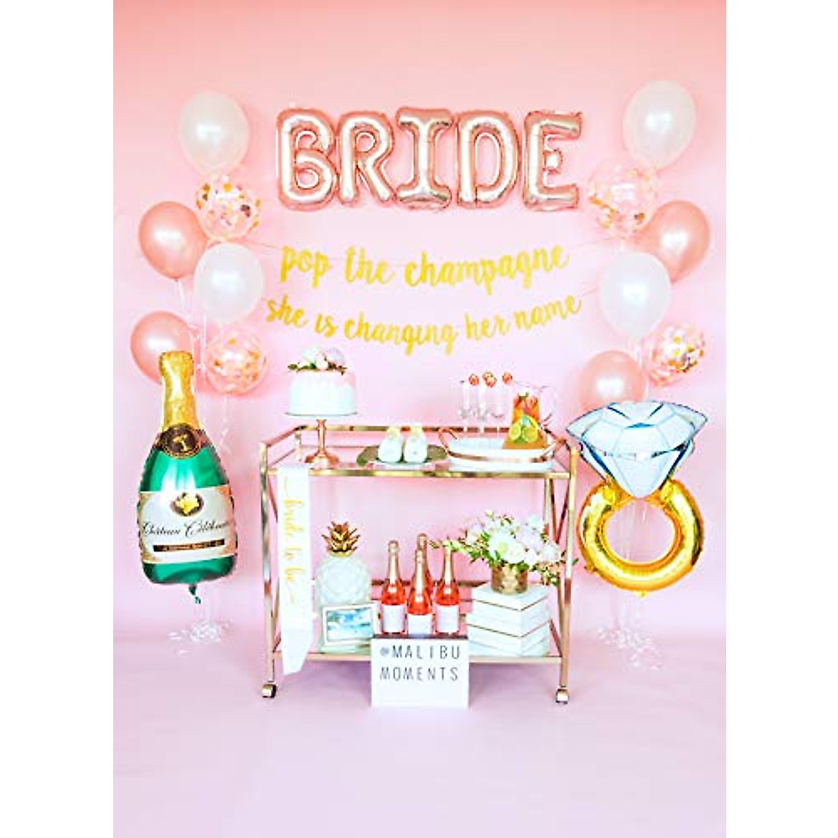 Bachelorette Party Decorations Kit | Bridal Shower Supplies | Bride to Be Sash, Ring Foil, Rose Balloons, Glitter Banner | Pop The Champagne She is Changing Her Name (Gold)