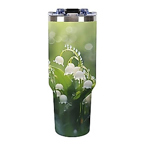 Lily of The Valley Flowers Green Leaves 40 Oz Car Cup Stainless Steel Travel Mug Leak-Proof Insulated Tumbler with Handle Light Rose Red-style