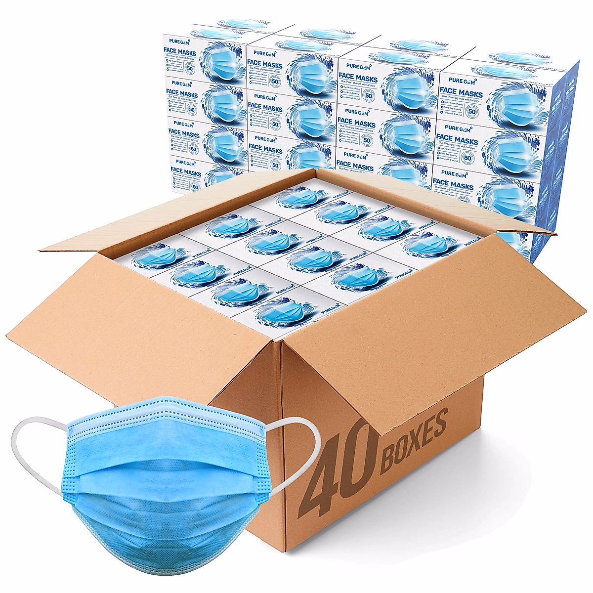 [2000 Masks] Disposable Face Mask, 3-Ply Adult Masks, Single Use Facial Cover with Elastic Earloops For Home, Office, School, and Outdoors Blue