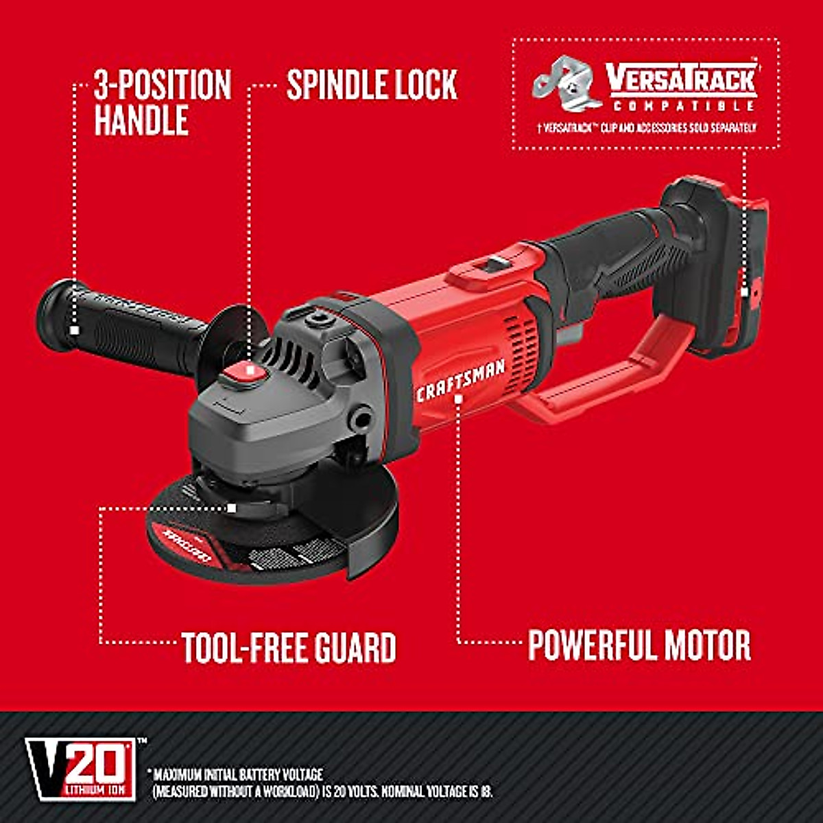 Craftsman V20 Angle Grinder, Small, 4-1/2-Inch with Battery Kit, Charger Included, 4.0-Ah (CMCG400B & CMCB204-CK)