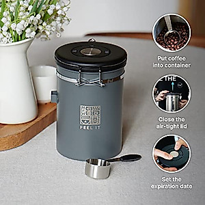ALPACA VENTURES Stainless Steel Coffee Canister - 21oz Airtight Kitchen Food Storage Container with Date Tracker, CO2-Release Valve and Measuring Scoop For Ground Coffee, Beans, Tea, Sugar, Large (Gray)