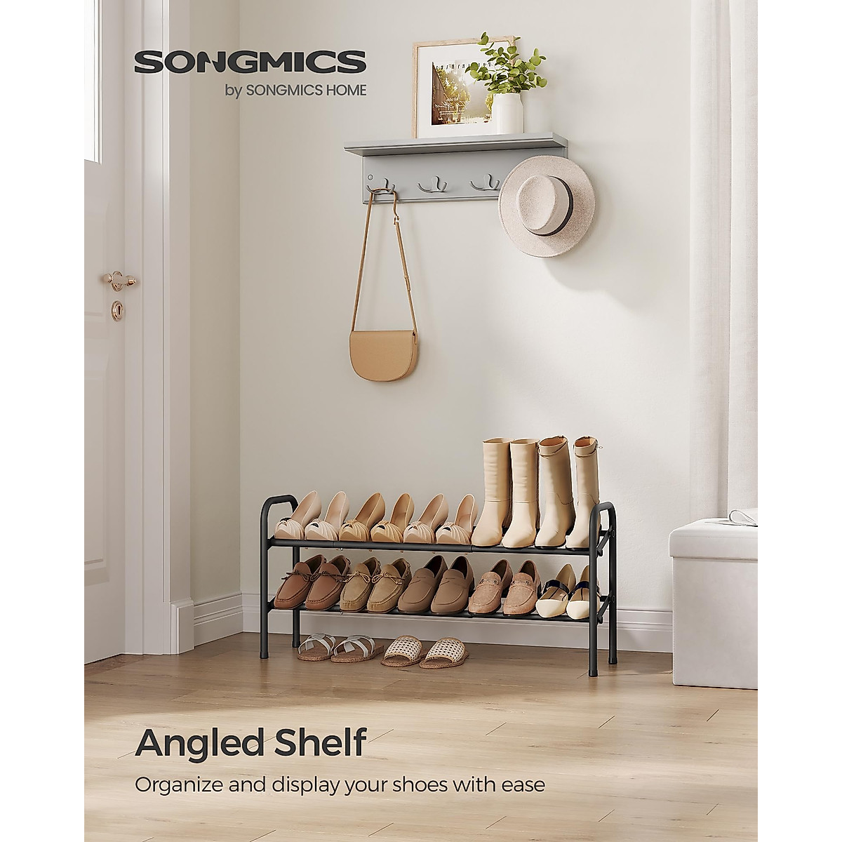 SONGMICS Expandable Shoe Rack, 2 Tier Shoe Rack Shelf, Adjustable Shoe Organizer Storage for 15 Pairs of Shoes, Metal Free Standing Shoe Racks for Closet, Front Door Entryway, Easy Assembly, Ink Black