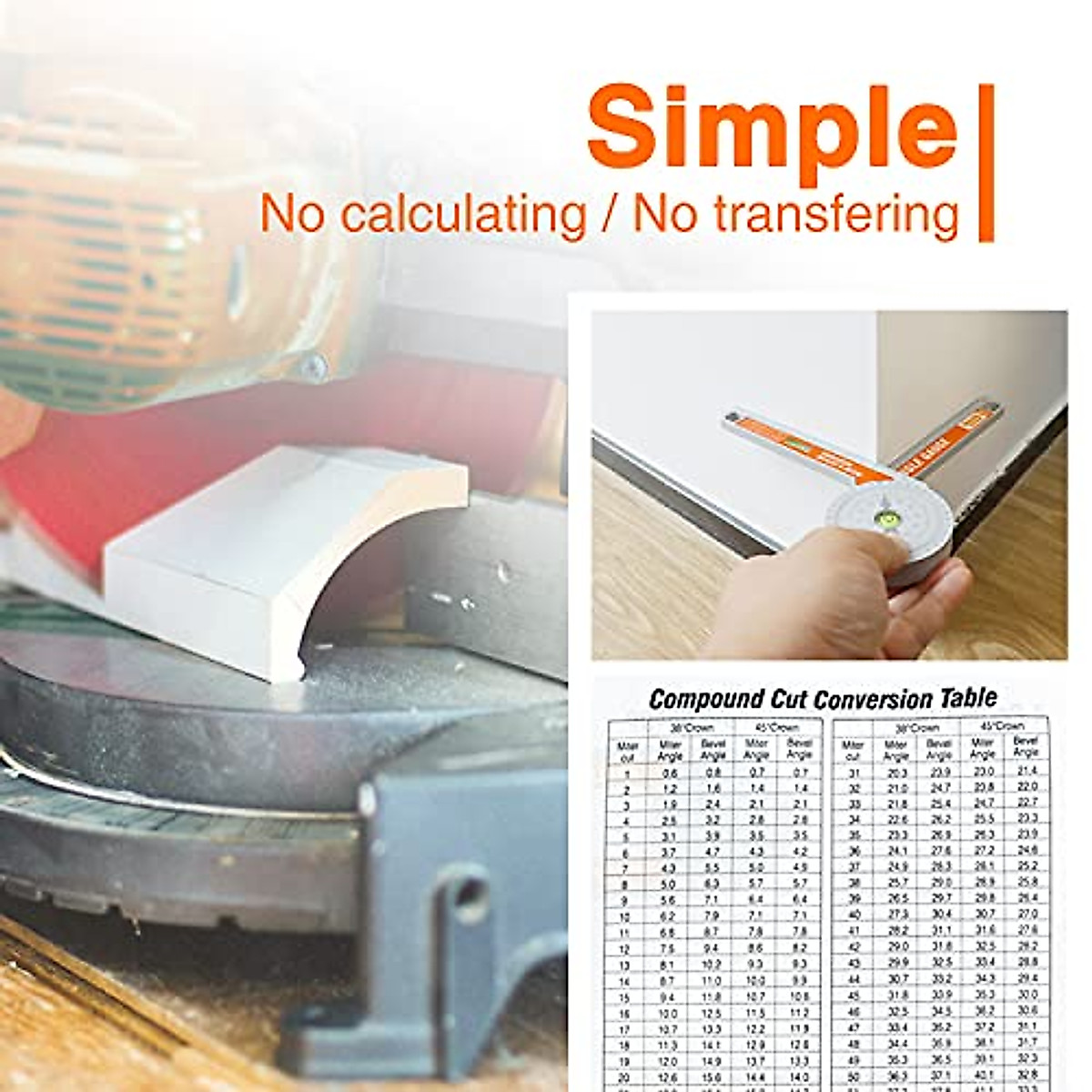Mecurate Miter Saw Protractor, Inch/Metric Miter Protractor with Bobble Level, Miter Cut and Single Cut for Crown Molding
