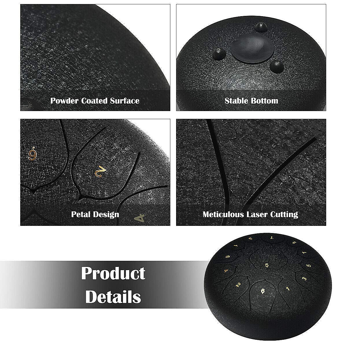 Sonart 12 Inch High Carbon Steel Tongue Drum, 13 Notes Lotus Hand Steel Pan Drum w/Drum Hammer, Drumstick Bracket, Rubber Finger Sleeve and Travel Bag for Camping, Meditation, or Yoga (Black)