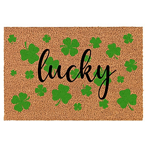 Welcome Doormat Coco Coir Door Mat Green 3 & 4 Leaf Clovers Lucky Irish St Patrick's Day (30" x 18")