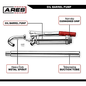 ARES 55000 - Oil Barrel Pump - 2-Piece Telescoping Suction Tube Fits 15-55 Gallon Drums - Designed to Deliver Base Oil, Transmission Oil and Heavier Fluids - Removable Heavy Duty Spout