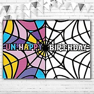 Wednesday Addams Stained Glass Window Backdrop 5x3ft UN Happy Birthday Wednesday Addams Backdrop for Birthday Party Decor Vinyl Nevermore Addams Family Theme Banner for Kids