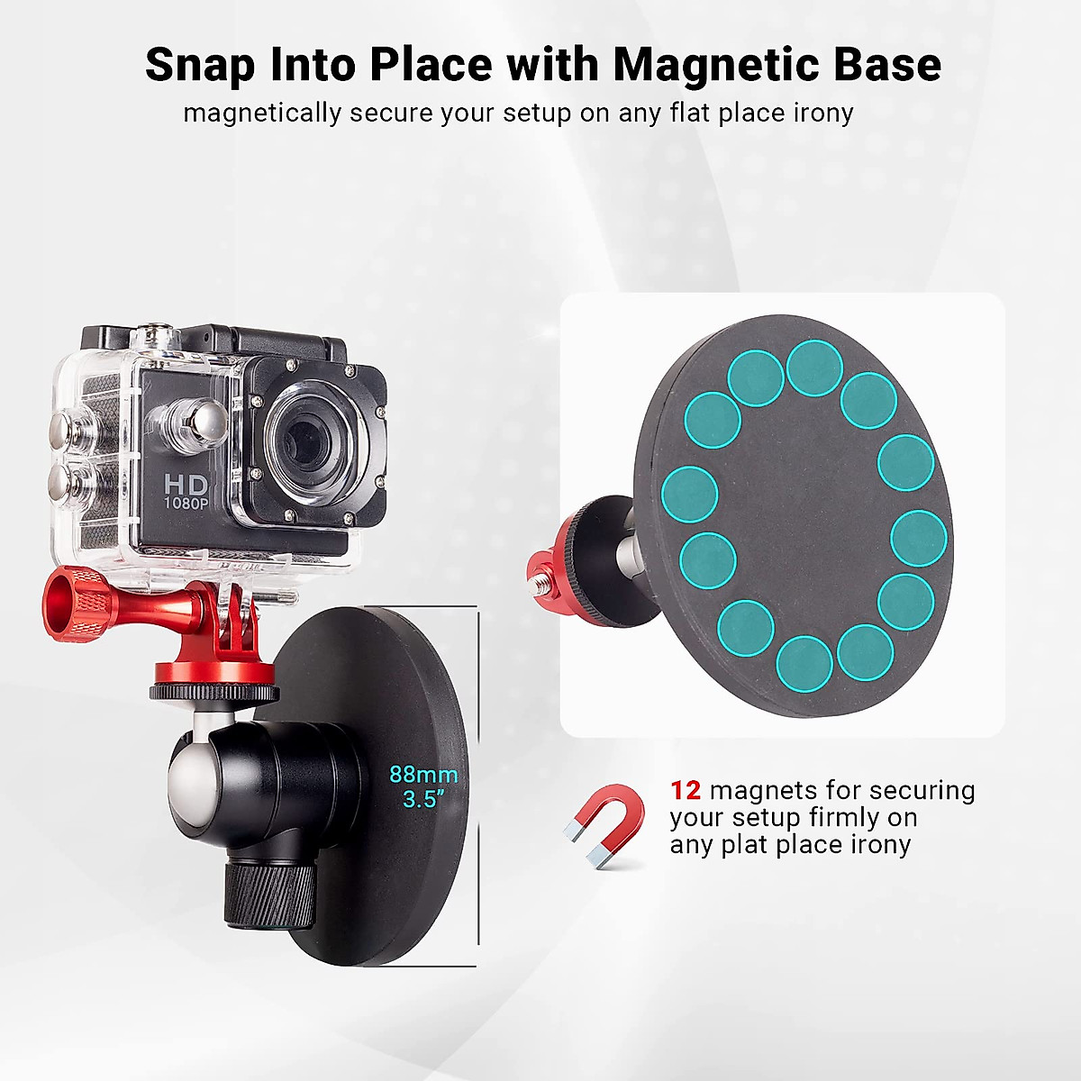 MOSHUSO 3.5"/88mm Wide Magnetic Camera Mount for Gopro, 360° Rotatable Tripod Ball Head Mount for Action Cameras, Rubber Coated Magnet Base Ideal for Mounting Action Cameras to Cars or Metal Surface