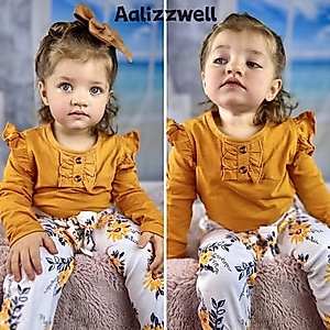 Aalizzwell Toddler Girls Clothes 3T, Little Fall Winter Long Sleeve Shirt Floral Pants Outfit Brown Clothing 3-4T