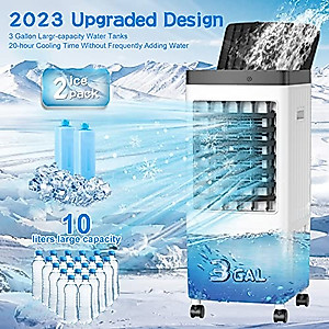 Portable Air Conditioners,3-IN-1 Air Conditioner Portable for Room, Evaporative Air Cooler with 3 Gal Tank, 3 Speeds&7H Timer, 60° Oscillation Swamp Cooler Portable AC Air Conditioner for Room/Office