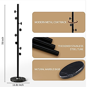 LOZABEE Modern Metal Coat Rack Stand with Natural Marble Base, Heavy Duty Coat Rack Freestanding with 8 Hooks, BlackStanding Coat Racks Hall Tree Stand for Bag, Jacket, Entryway Office