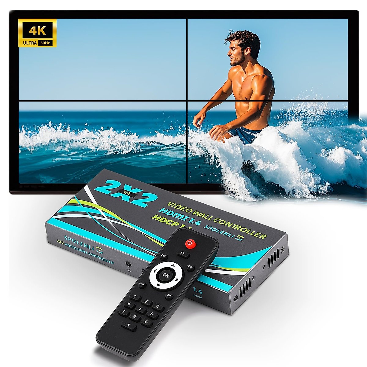 Spolehli 4K UHD Video Wall Controller 2x2, Video Wall Processor with 8 Splicing Modes Display @60hz, 180 Degree Rotate, Multi-Screen Splicing TV Wall Controller 1x2, 1x3, 1x4, 2x1, 3x1, 4x1