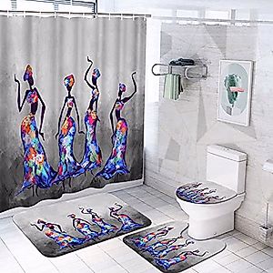DuoBaorom 4 Pieces Set African American Shower Curtain Set Abstract Black Dancing Girl Picture Print on Non-Slip Rugs Toilet Lid Cover Bath Mat and Bathroom Curtain with 12 Hooks 72x72inch