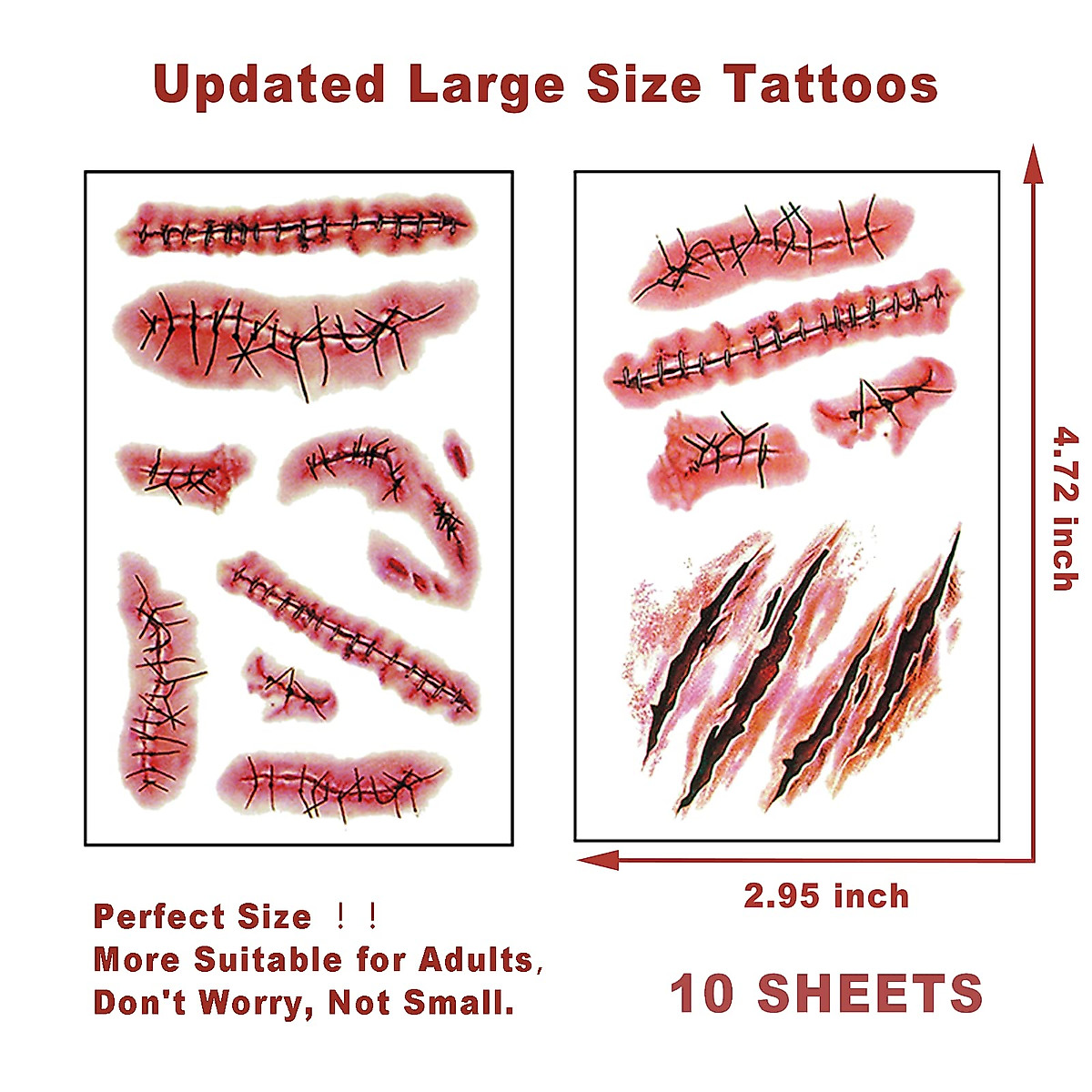 Halloween Scar Temporary Tattoos 3D Body Face Realistic Fake Stitches Tattoo Sticker Waterproof for Chucky Costume Zombie Vampire Makeup Prank Props Cosplay Kids Adults
