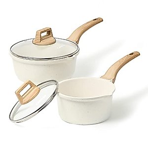 CAROTE 1.5Qt & 2.5Qt Sauce Pan Set with Lid Nonstick Saucepan 4 Pcs Non Stick Sauce Pots Cooking Pot with Pour Spout, Easy to Clean, Small Kitchen Pots Induction Pot, PFOA FREE (White Granite)