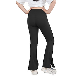 Teen Girls Bootcut Yoga Pants Kids Active Crossover Split Hem Flare Leggings with Pockets Black